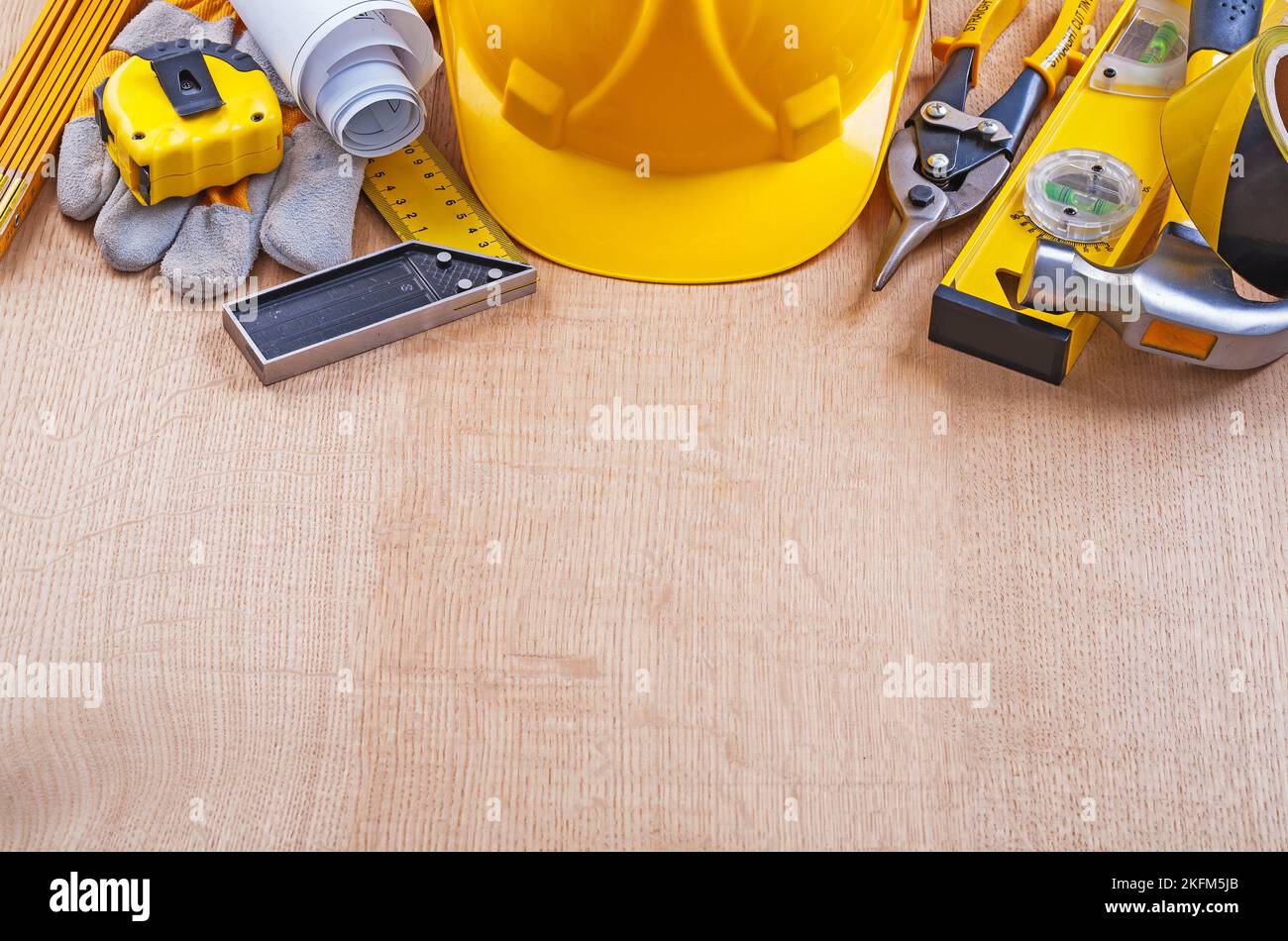 Group of house improvement tools on oak wooden board construction ...