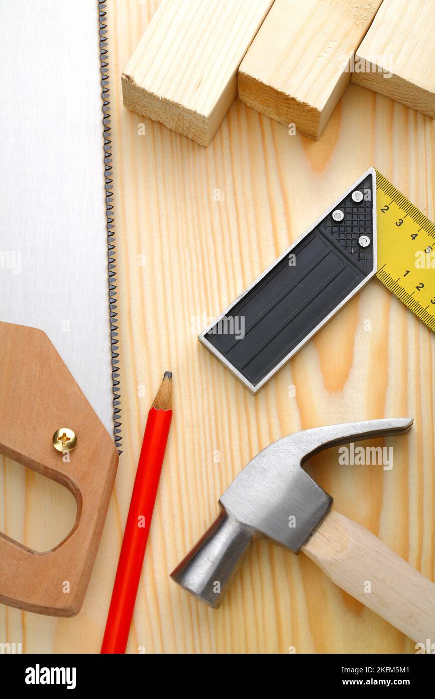 hammer pencil saw level Stock Photo - Alamy