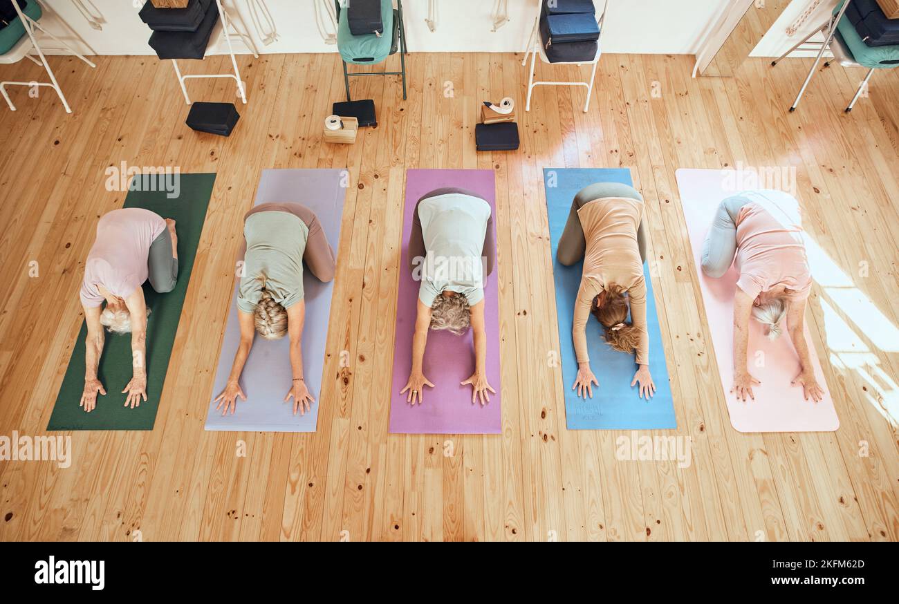 Yoga, studio and group of senior women in retirement doing a stretching ...