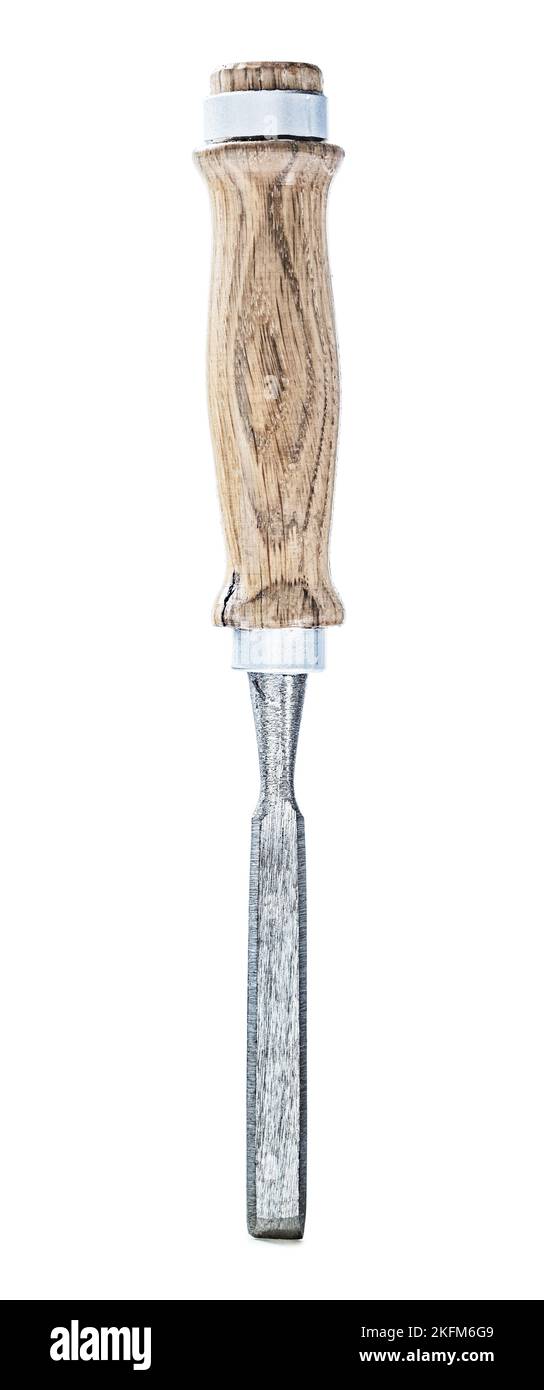 isolated woodworkers tool narrow chisel with wooden handle Stock Photo ...