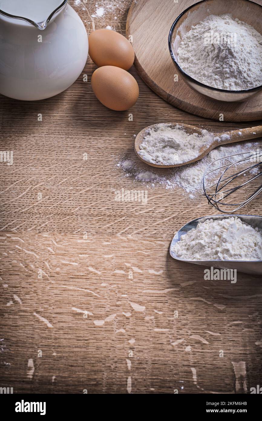 kitchen composition eggs milk flour and tools Stock Photo - Alamy
