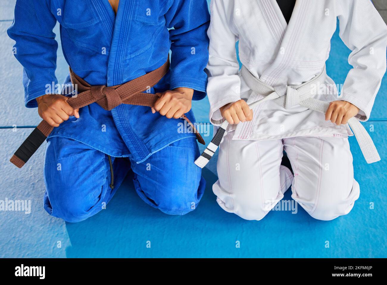 Karate, hands and belt with a sensei and student kneeling on a floor ...
