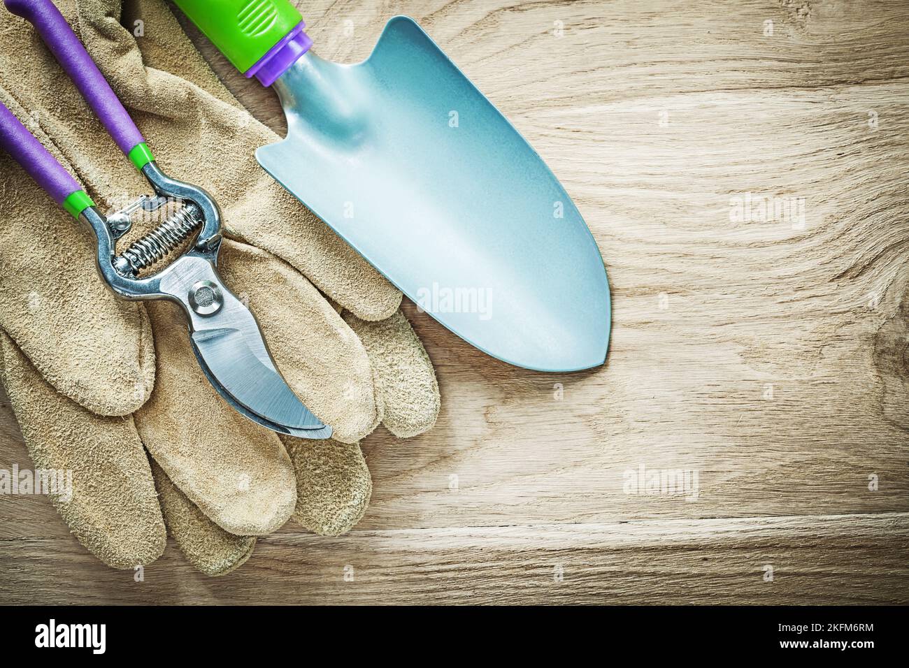 Leather protective gloves pruning shears hand spade on wooden board ...
