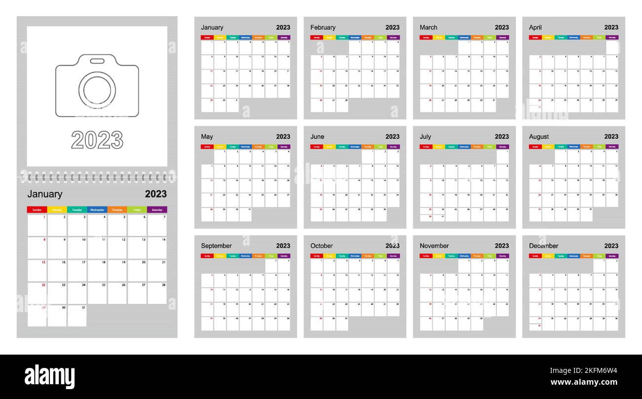 Calendar 2023 colorful design, set of 12 vector wall planner calendar ...