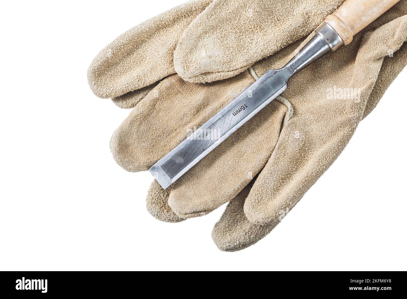 Leather safety gloves firmer chisel isolated on white Stock Photo - Alamy