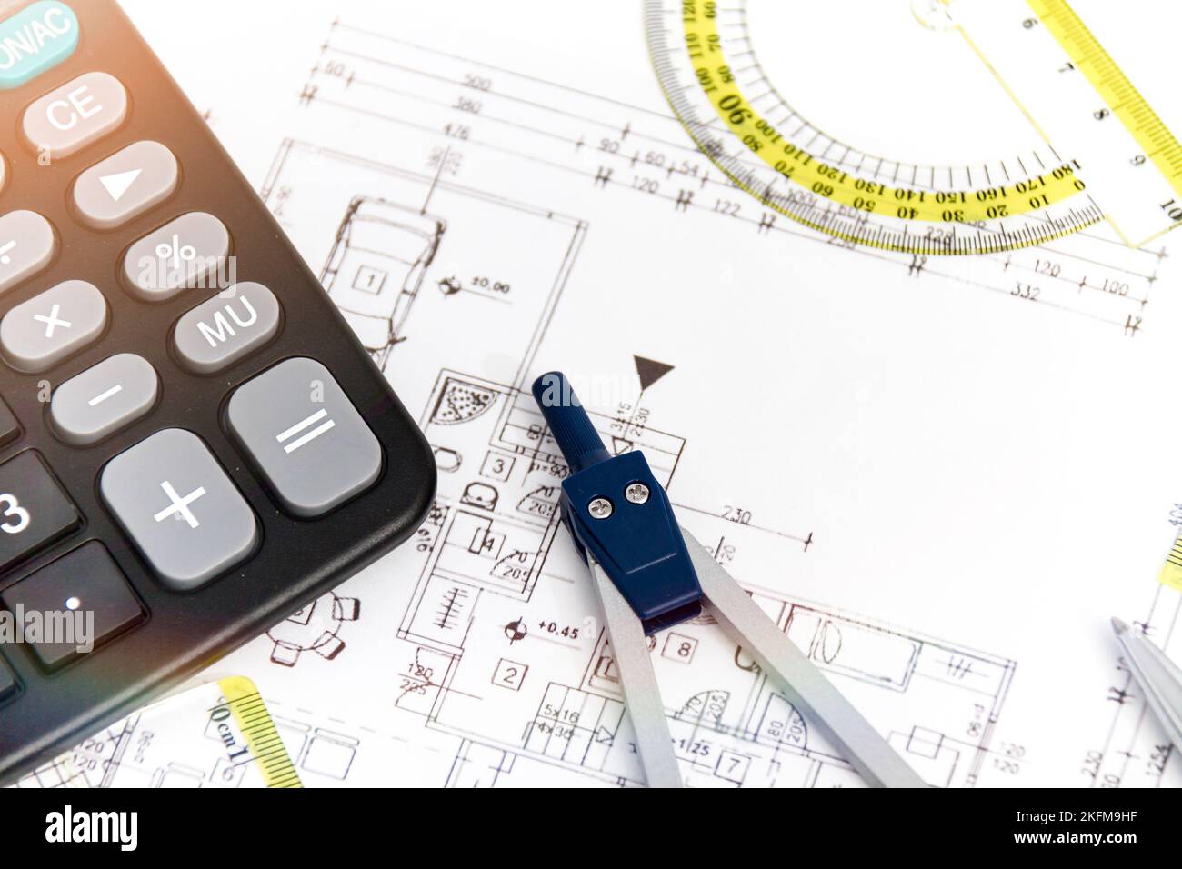Designing a building or architecture with a ruler, pen, pencil ...