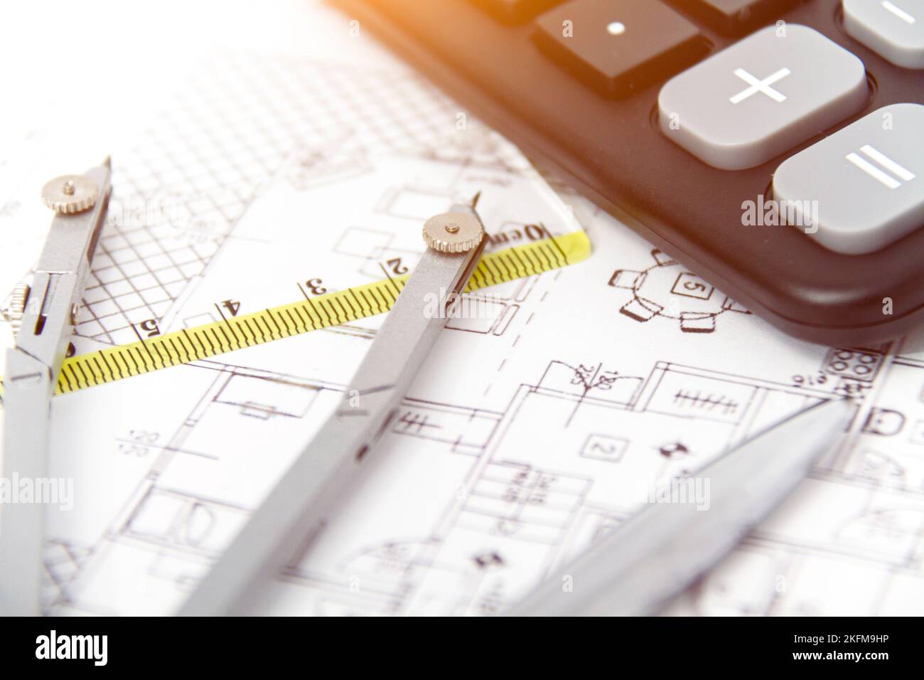 Designing a building or architecture with a ruler, pen, pencil ...