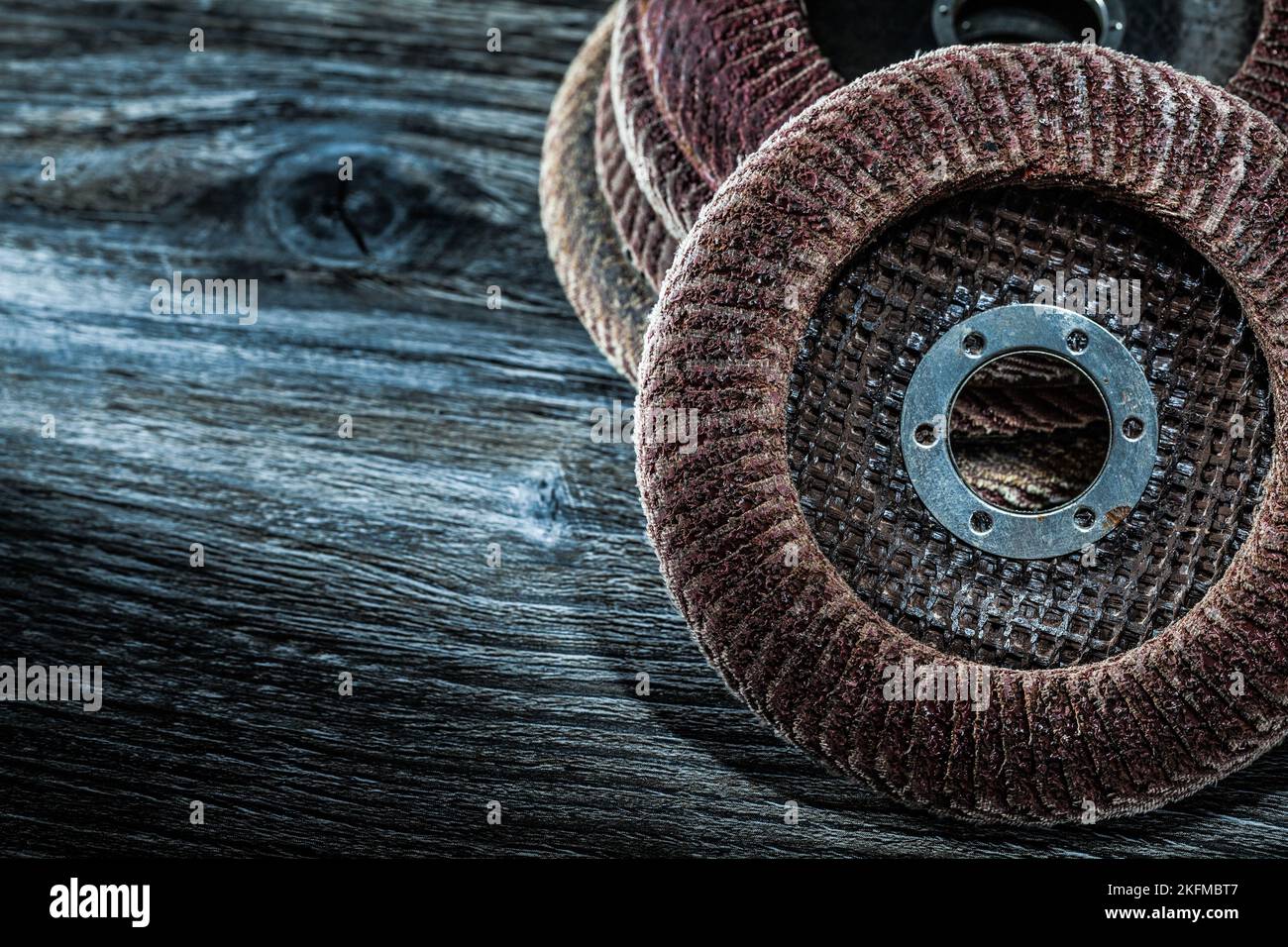 Radial abrasive discs on vintage wood board Stock Photo - Alamy