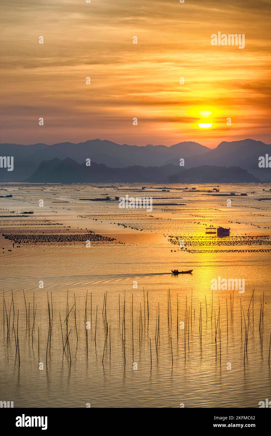 A vertical shot of boats at a fishing farm in the sea during the sunset ...