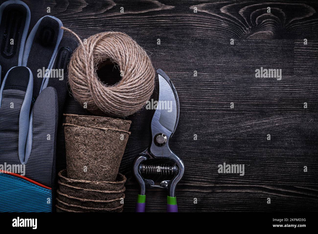 Safety gloves sharp secateurs peat glasses hank of string Stock Photo ...