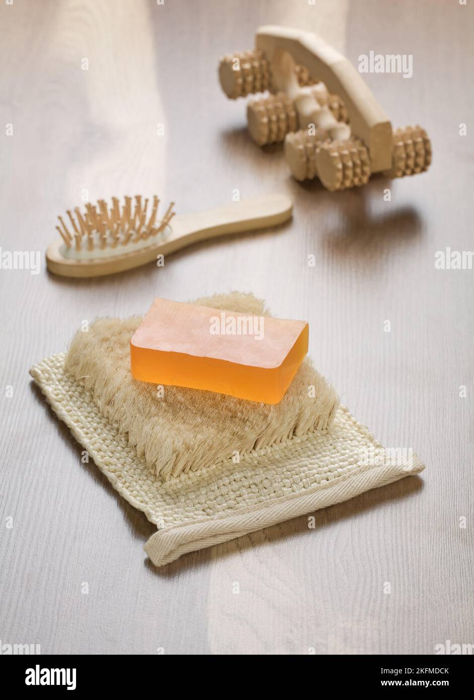 set of articles on wooden background Stock Photo - Alamy