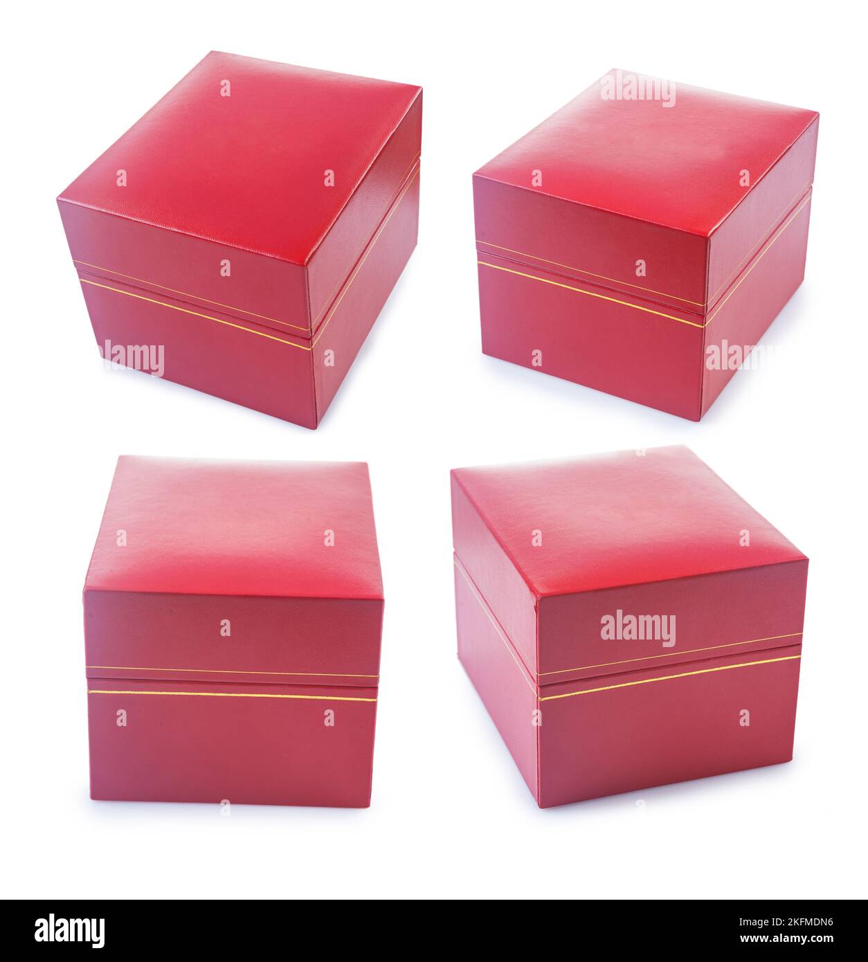 set of gifts boxes covered with red soft textured leather isolated on ...