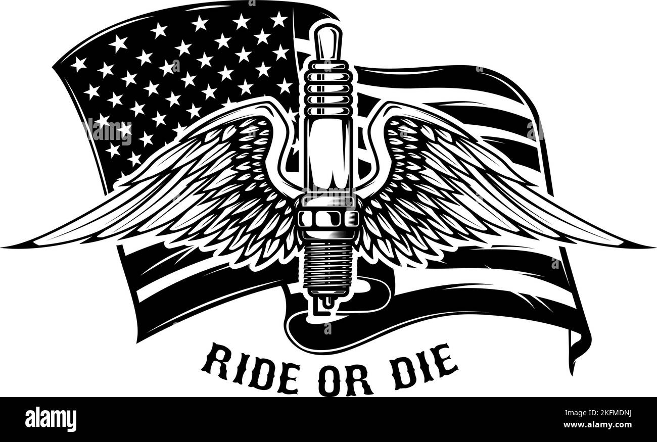 Illustration of winged spark plug on american flag background. Design ...