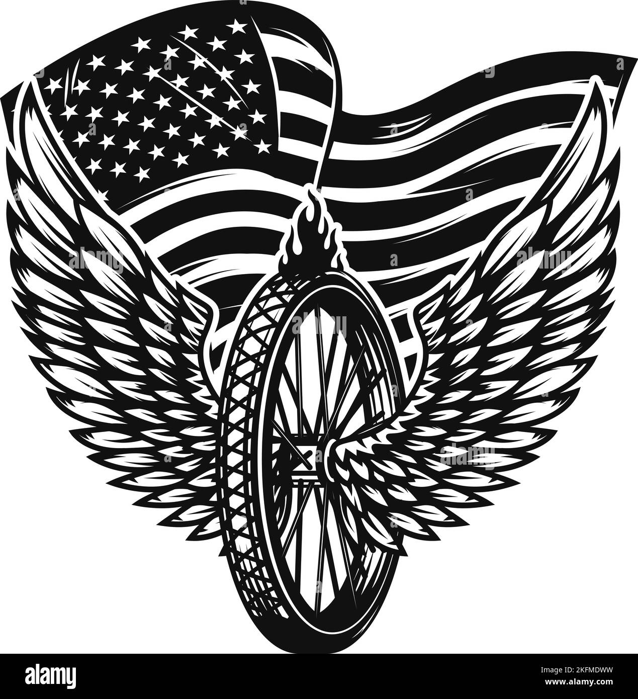 Illustration of winged wheel on american flag background. Design ...