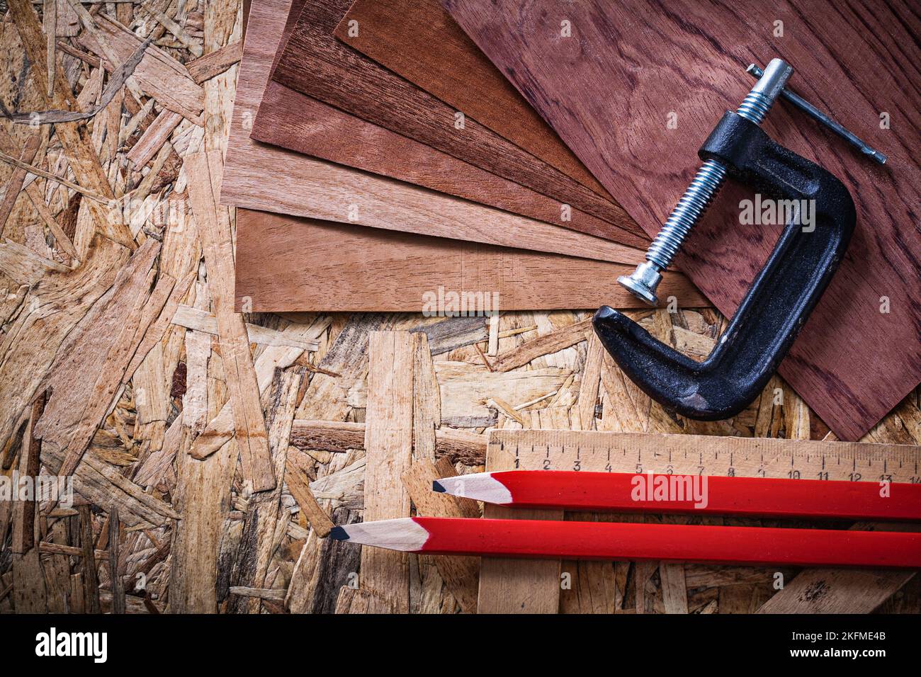 Set of veneer wooden ruler pencils flat clamp construction concept ...