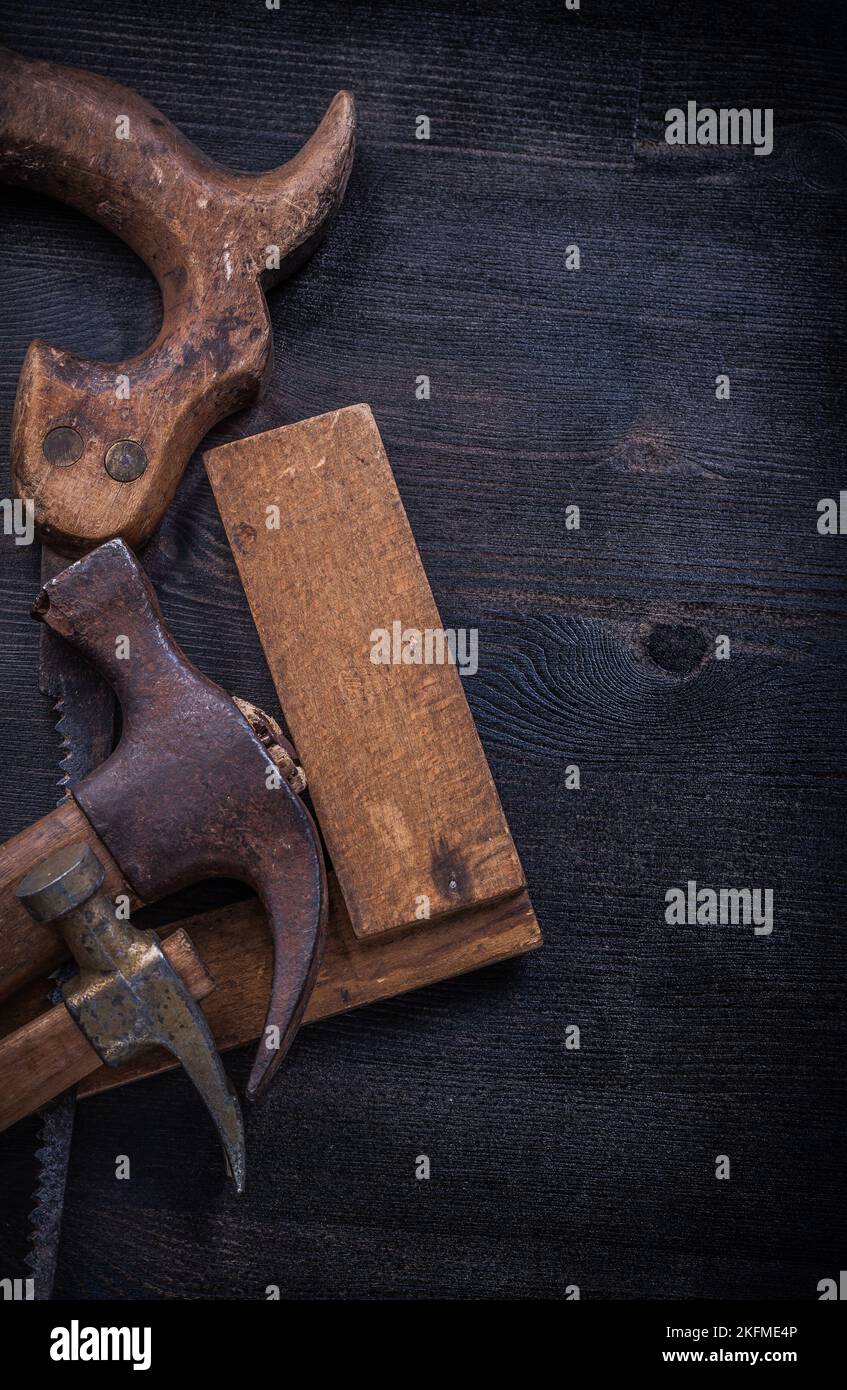 Set of vintage square ruler claw hammers hand saw Stock Photo - Alamy