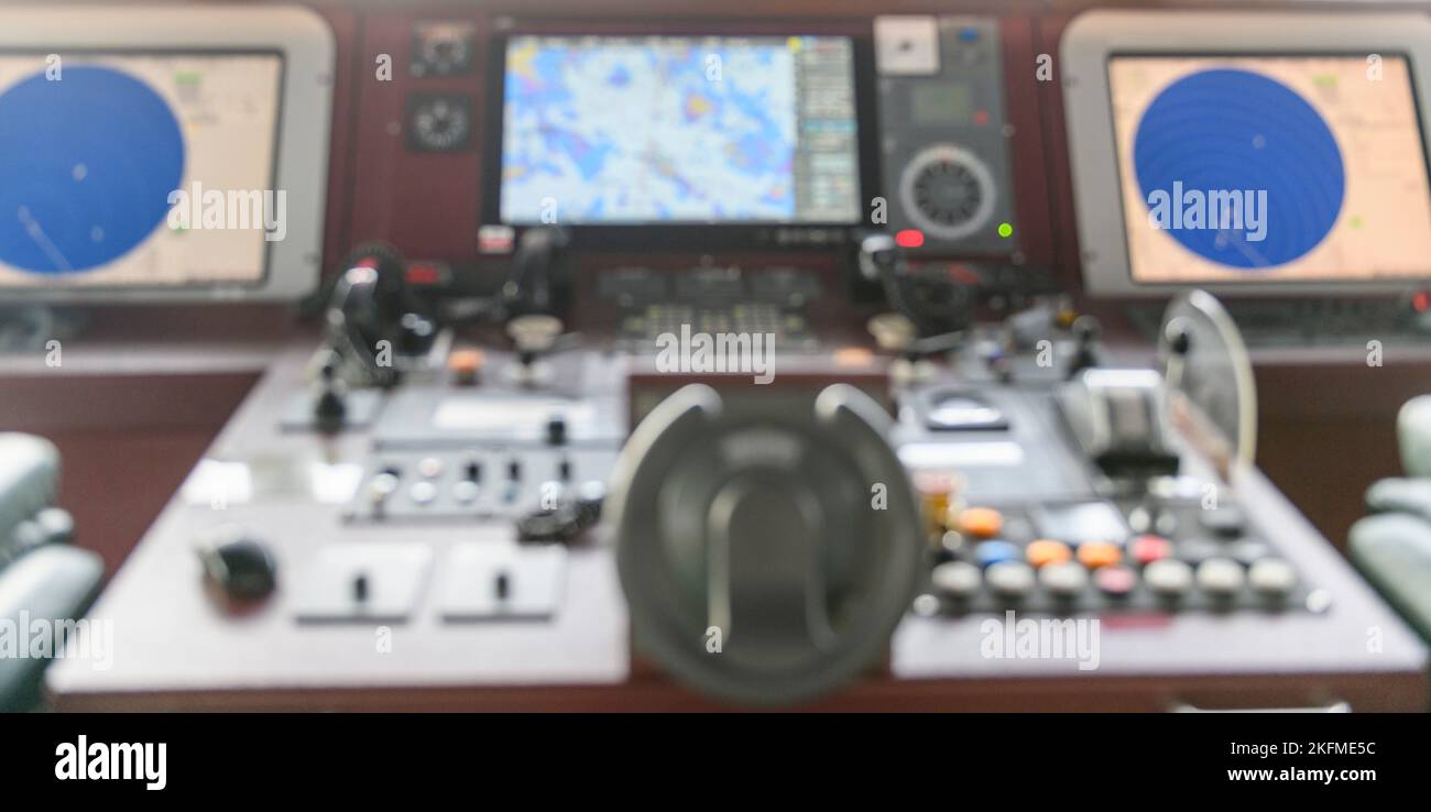 Navigational control panel and VHF radio. Working on the ship's ...