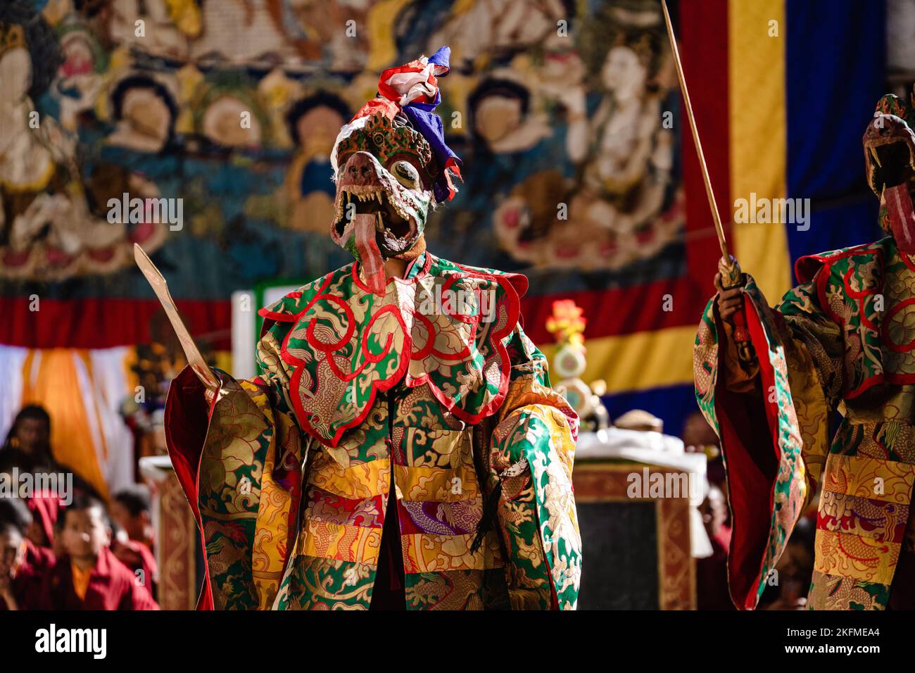The Tibetan Buddhist dancer in traditional demon spirit ghost clothing ...