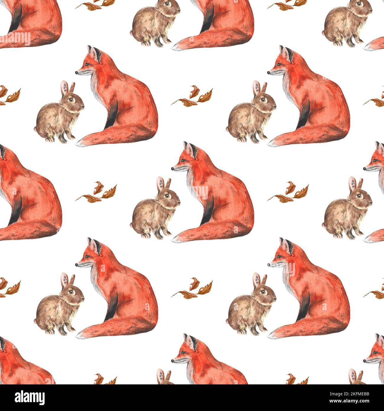 pattern red cunning fox and hare on isolated white background, hand ...
