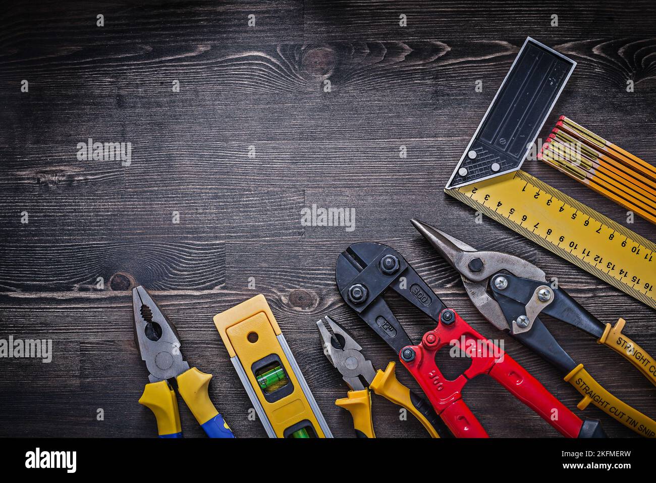 Square ruler pliers construction level wooden meter sharp tin snips ...