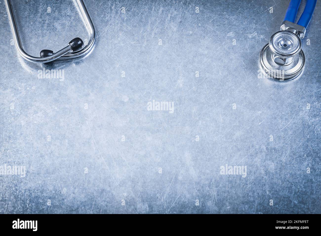 Thoracoscope on metallic background directly above medicine concept ...