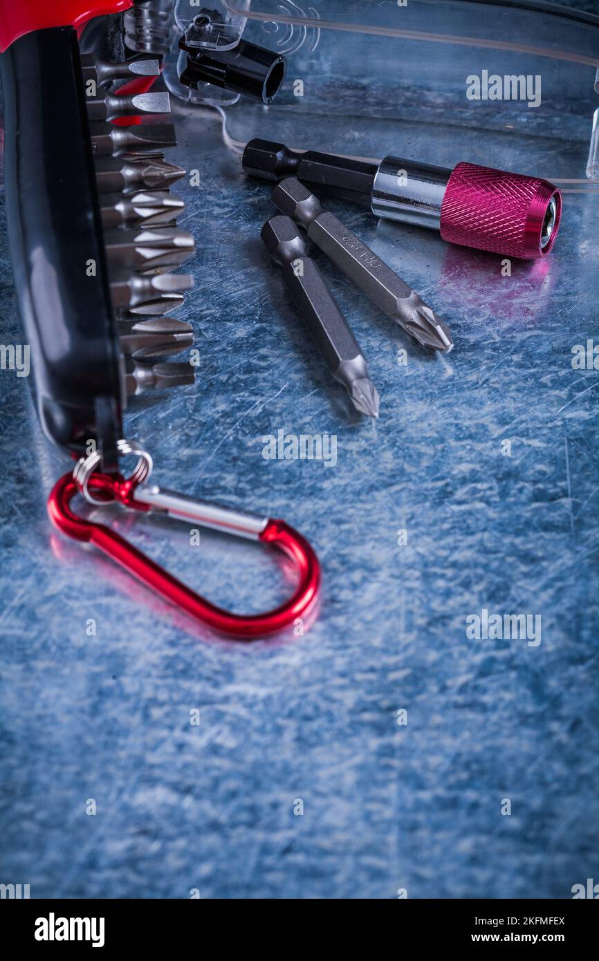 Threaded bit set in box on metallic surface construction concept Stock ...