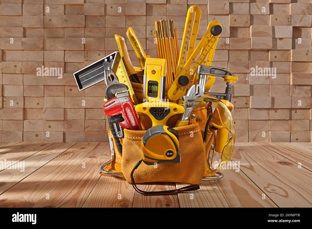 Big Set Of Carpenter Working Tools In Leather Toolbelt On Background of ...