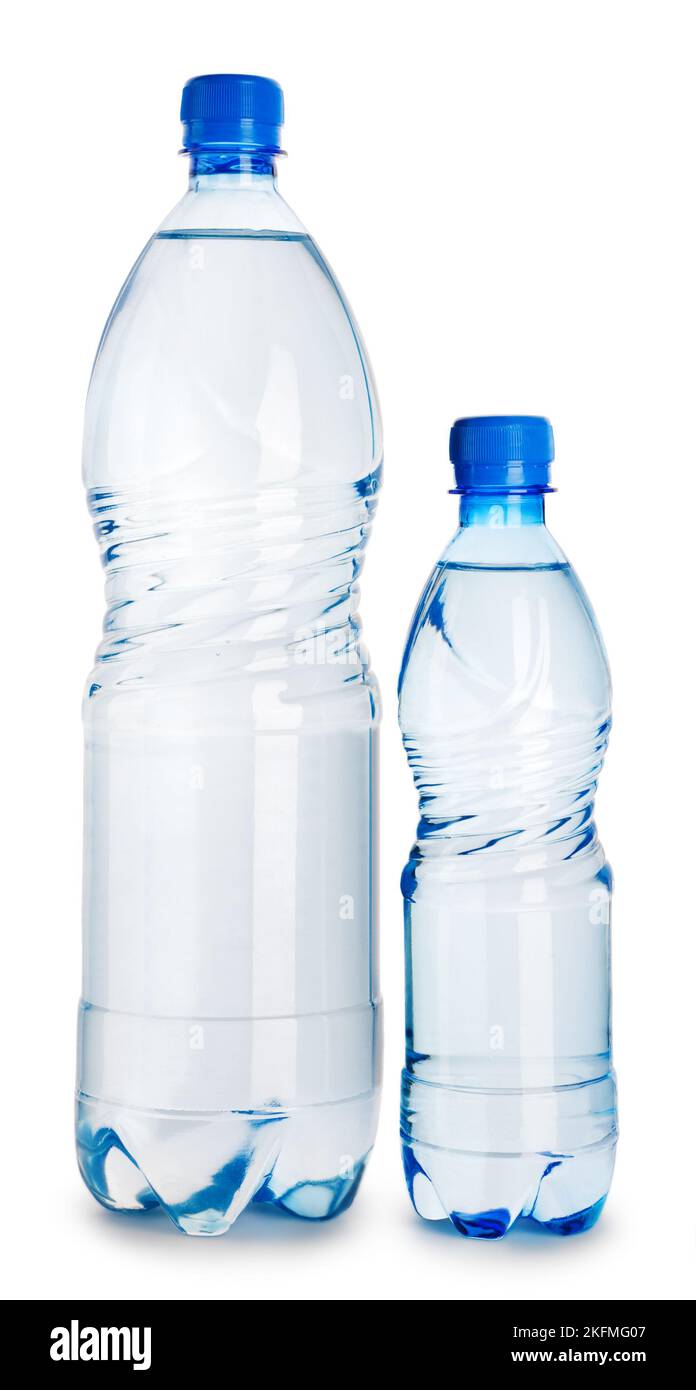 two blue plastical bottle with water isolated on a white background ...