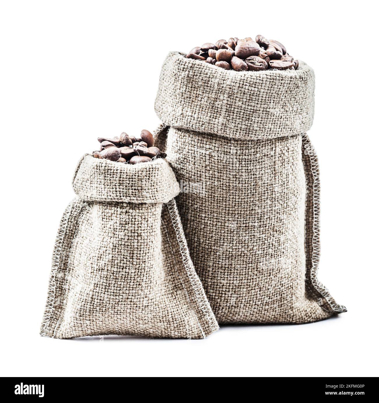 two classic burlap sacks with coffee beans isolated white Stock Photo ...