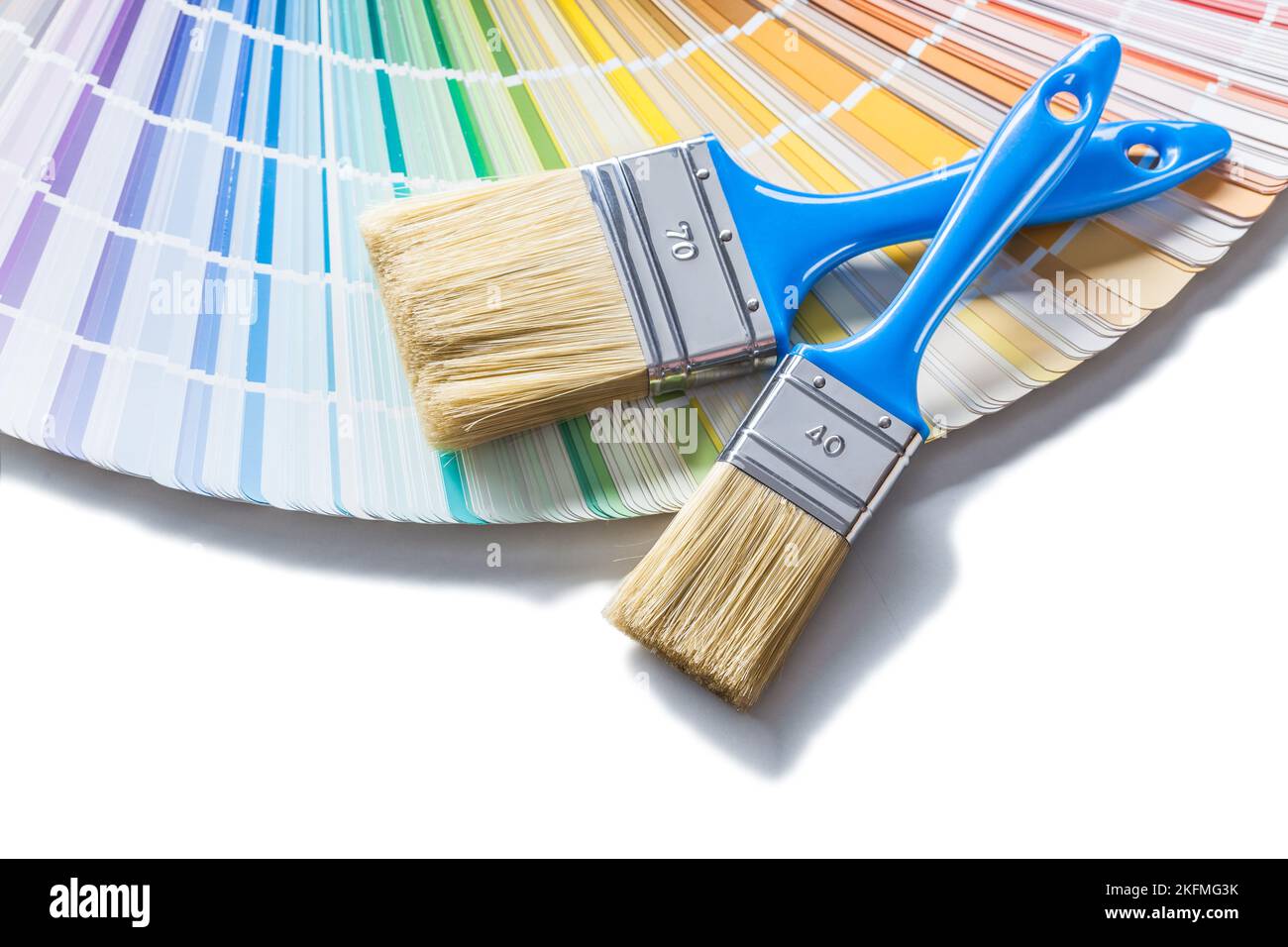 two brushes with blue handles on color palette isolated on white Stock ...