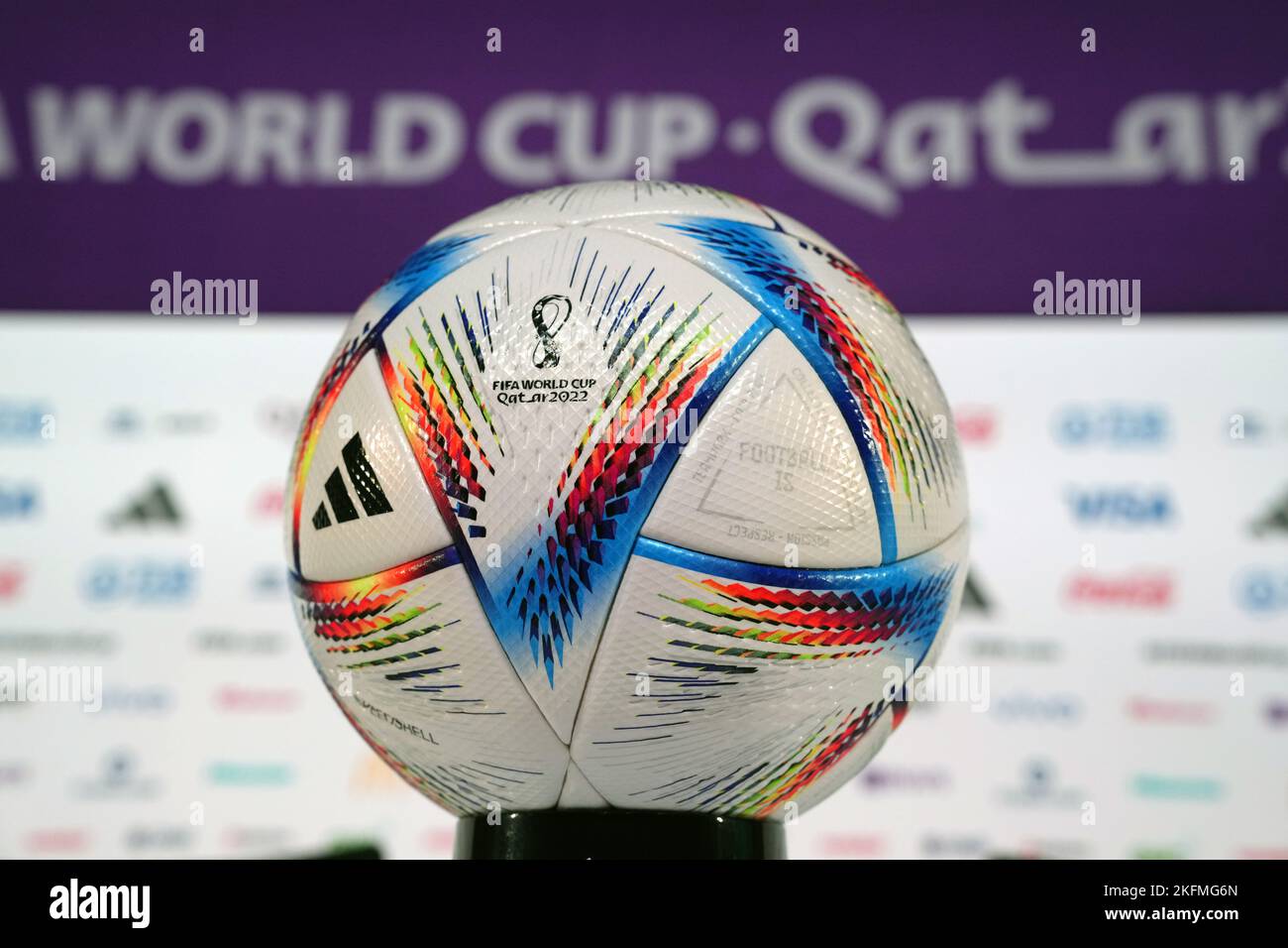 The Adidas, Al Rihla football, sits on a plinth ahead of a press ...