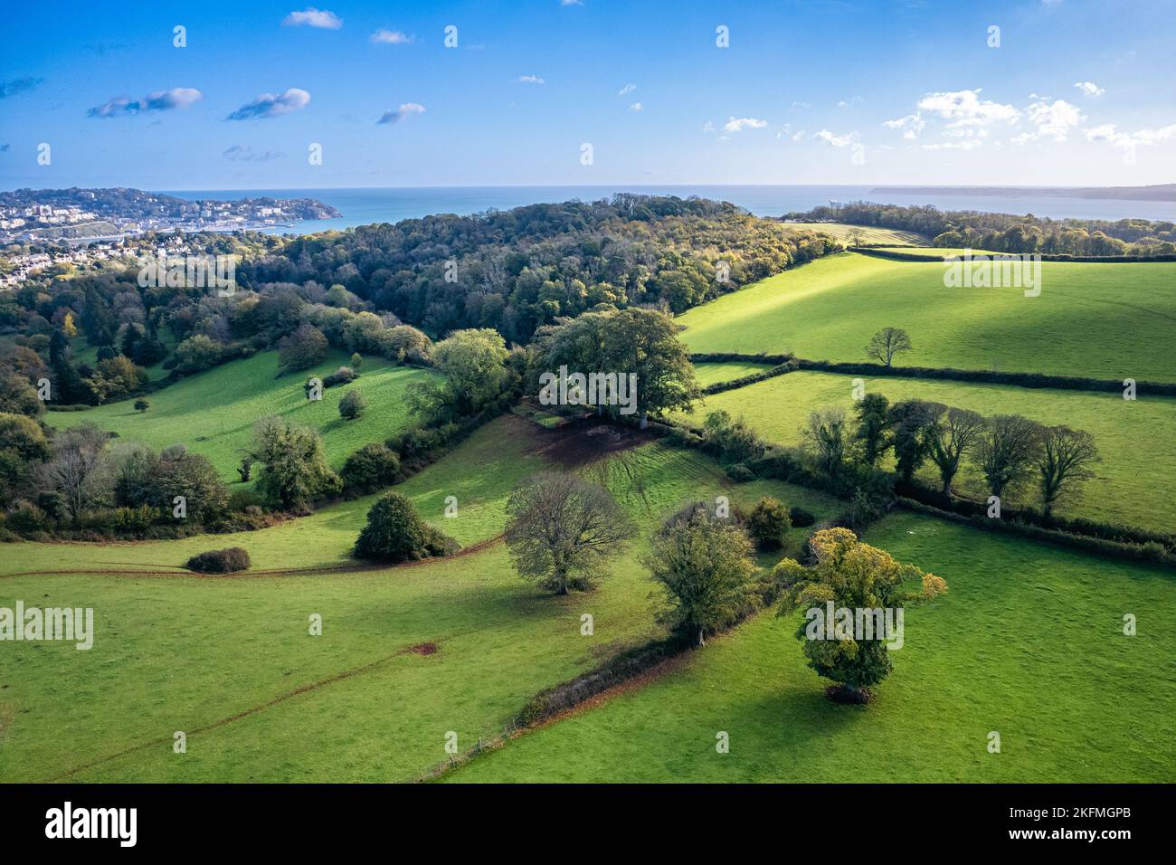 Fields and Farms over Cockington from a drone, Paignton, Torquay, Devon ...