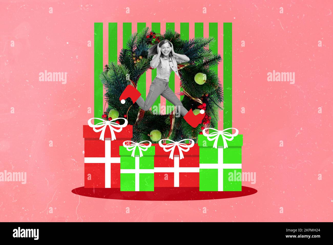 Creative Photo Collage Illustration Of Playful Cheerful Good Mood Girl