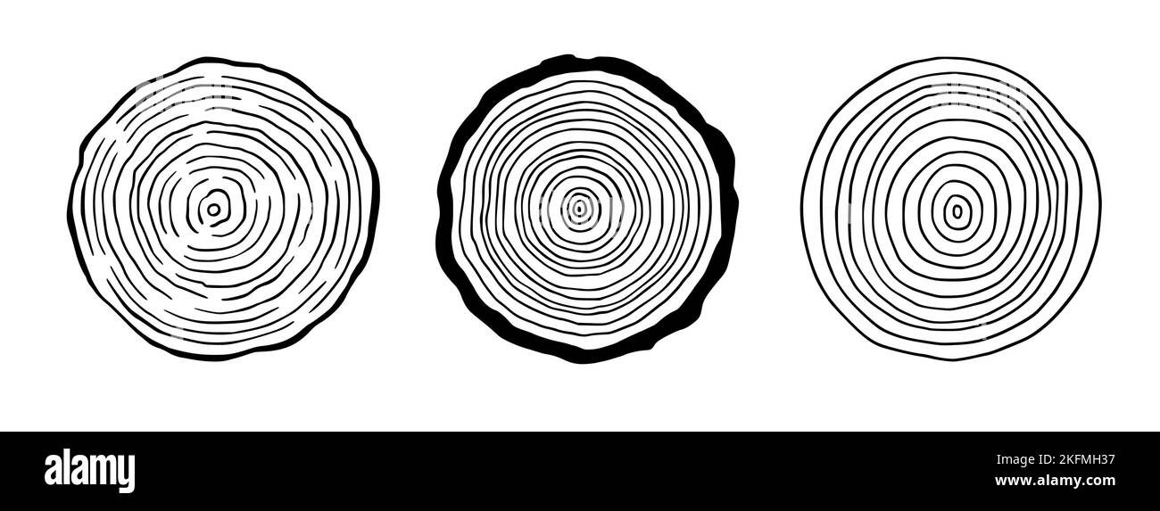 Tree ring wood circle set. Hand drawn tree ring pattern, line ripple ...
