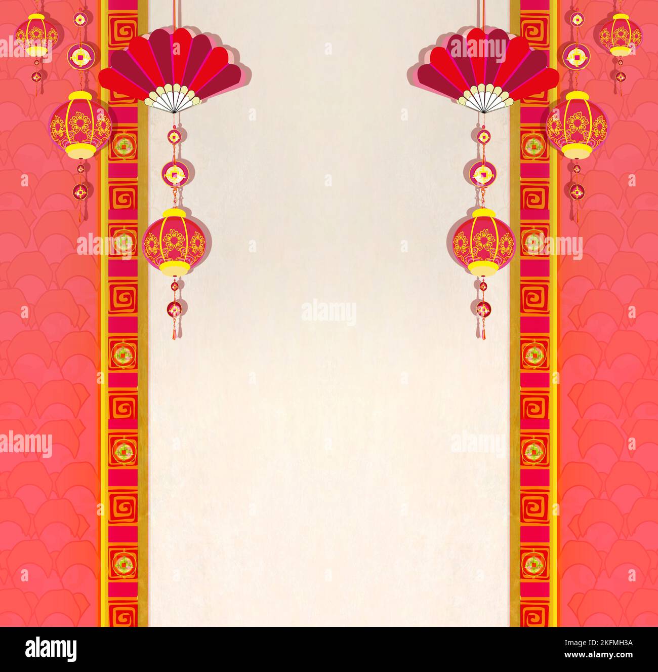 Chinese New Year card - decorative frame with lanterns and fans Stock ...