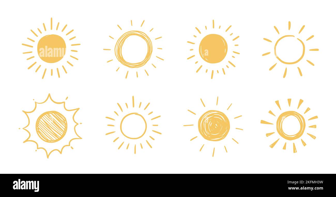 Doodle sun sketch illustration. Hand drawn cute orange sun set ...