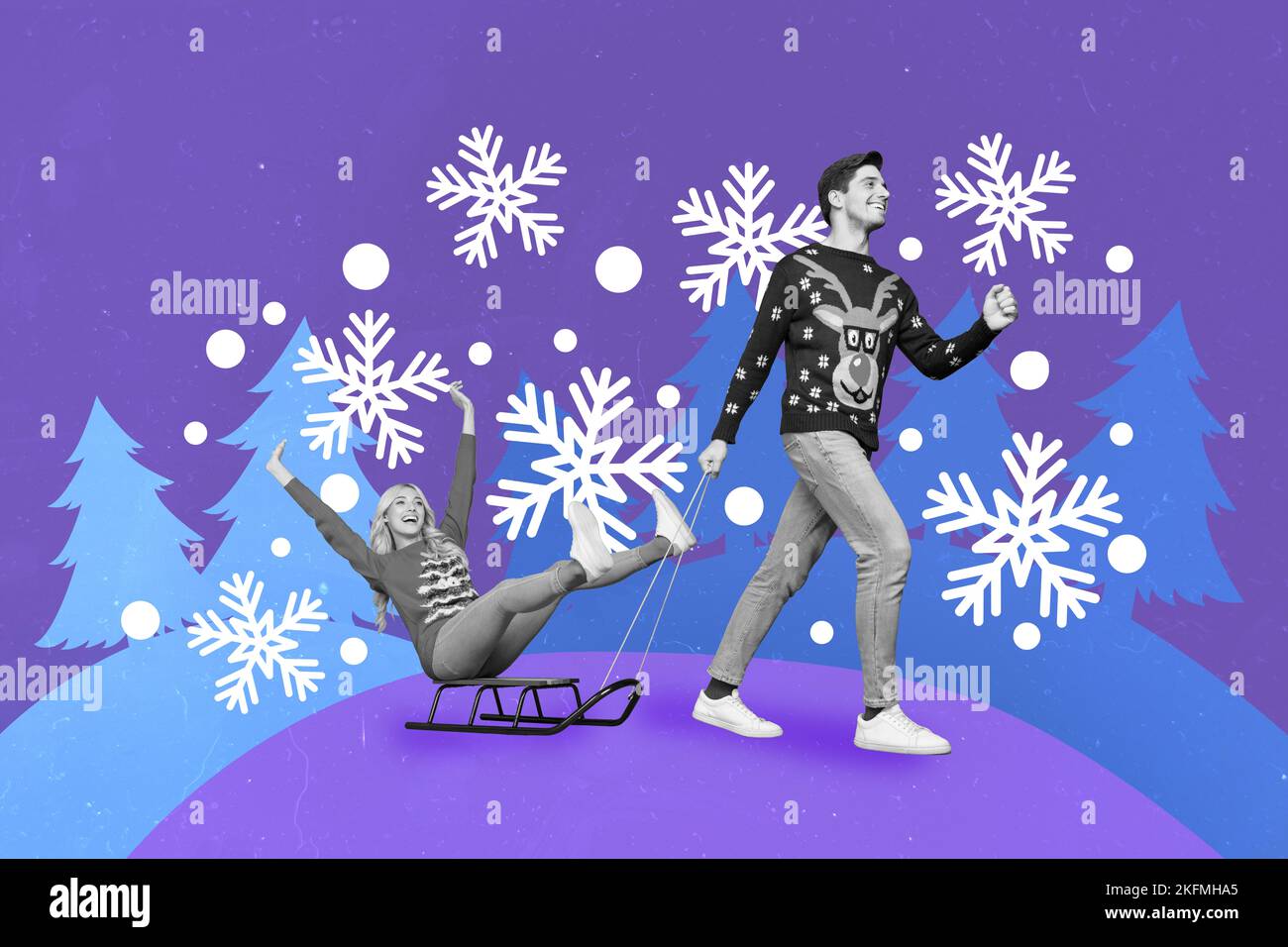 Creative photo collage illustration of funny positive couple guy ...