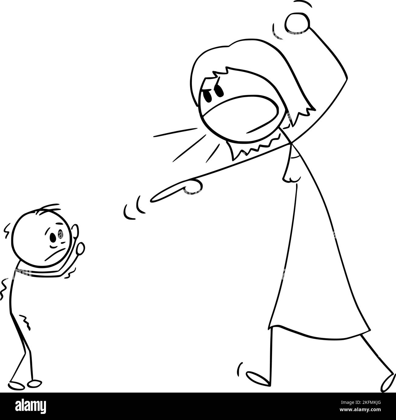 Woman or Mother Yelling at Small Child or Boy, Vector Cartoon Stick Figure Illustration Stock ...