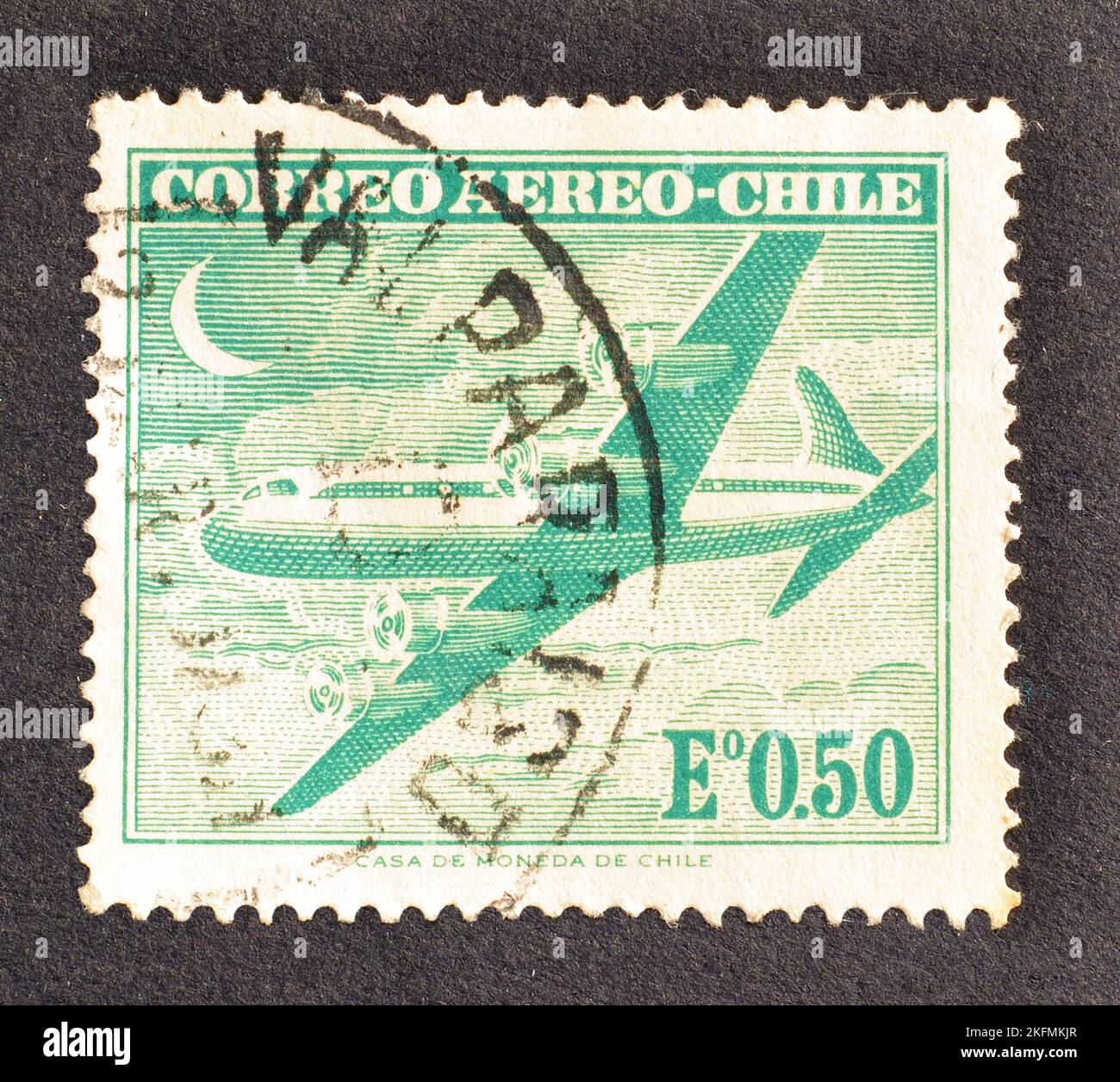 Cancelled postage stamp printed by Chile, that shows Douglas DC-6B ...