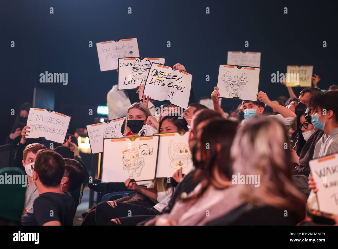 18 November 2022, Berlin: Spectators hold up self-painted posters at ...