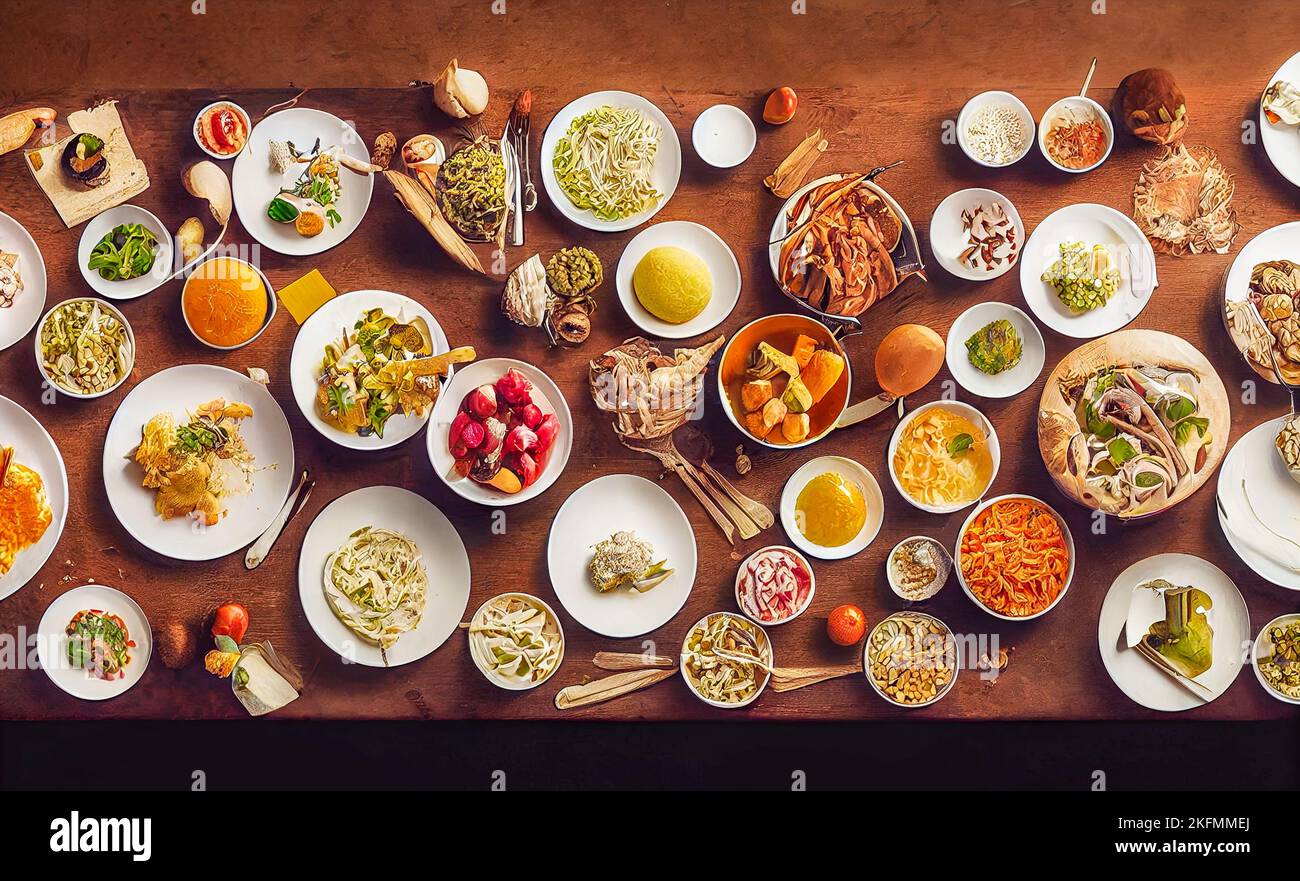 table filled with various types of food Stock Photo - Alamy