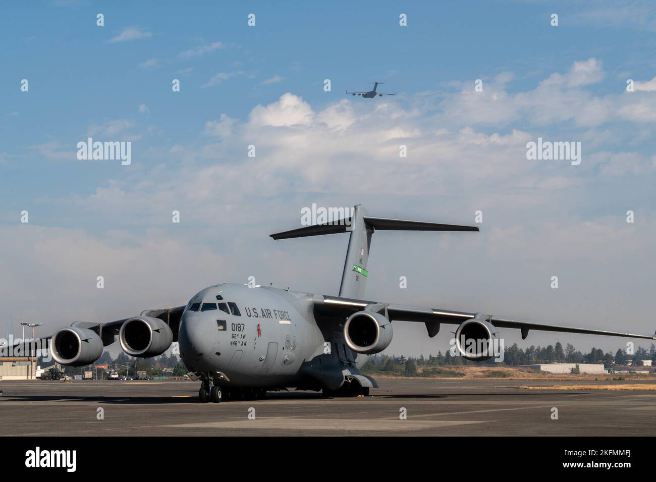 A U.S. Air Force C-17 Globemaster III, assigned to the 62d Airlift Wing, prepares to taxi to a ...