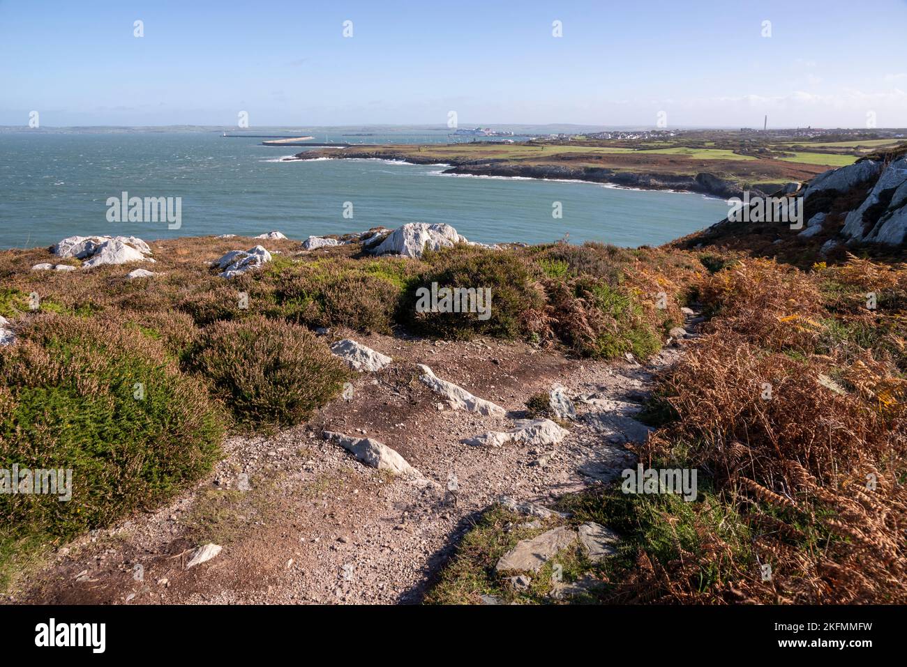 View of Holyhead from coast path to North Stack from Breakwater Country ...