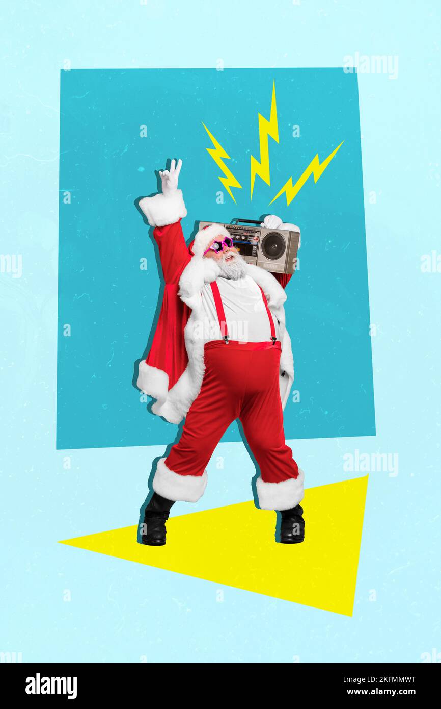 Collage photo of old man saint nicholas wear red suspenders hold ...