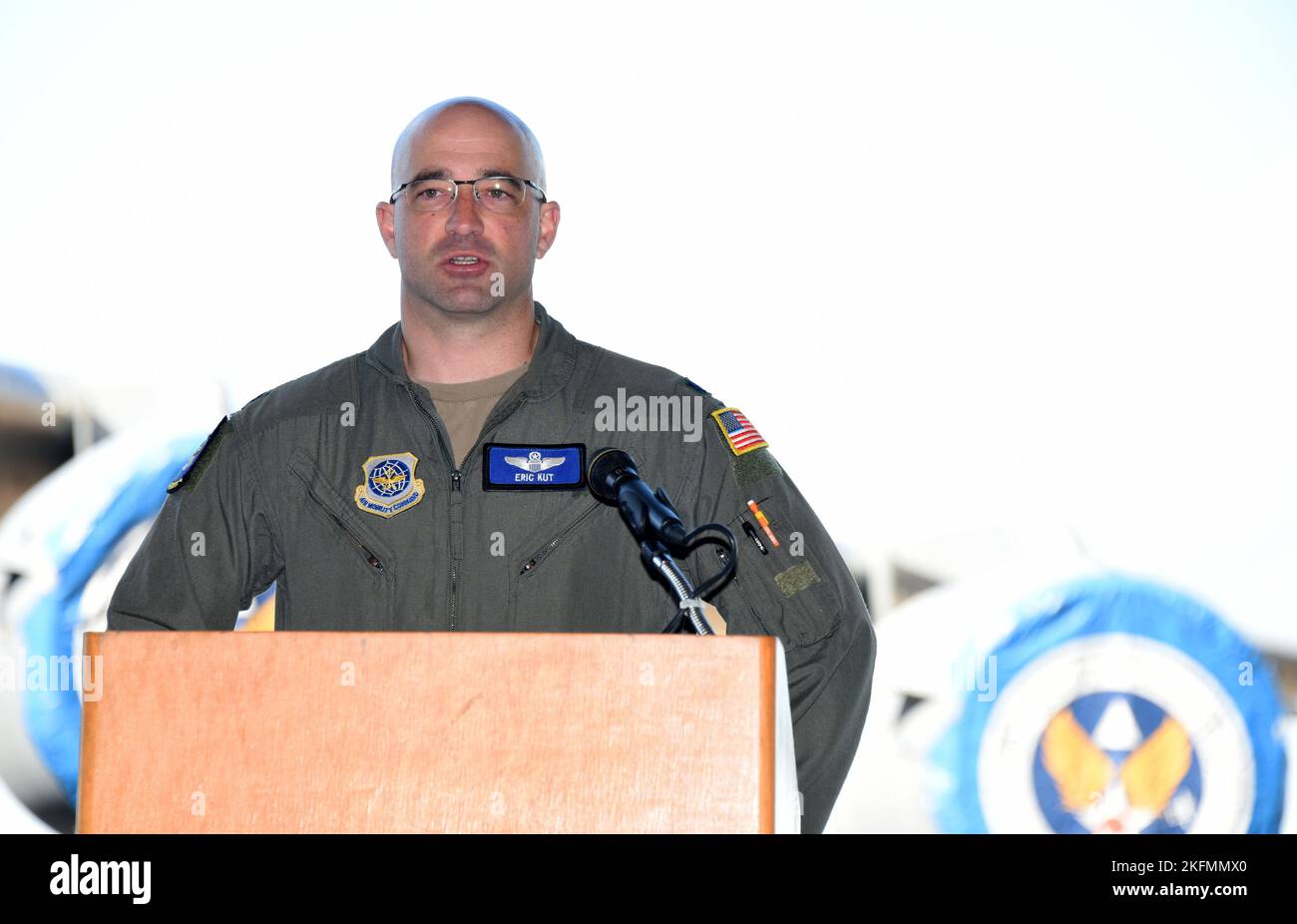 U.S. Air Force Lt. Col. Eric Kut, 6th Airlift Squadron, speaks to ...