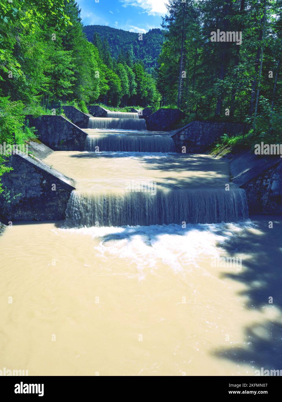 Muddy river tributary from the peaks of the Dolomites Alps after heavy ...