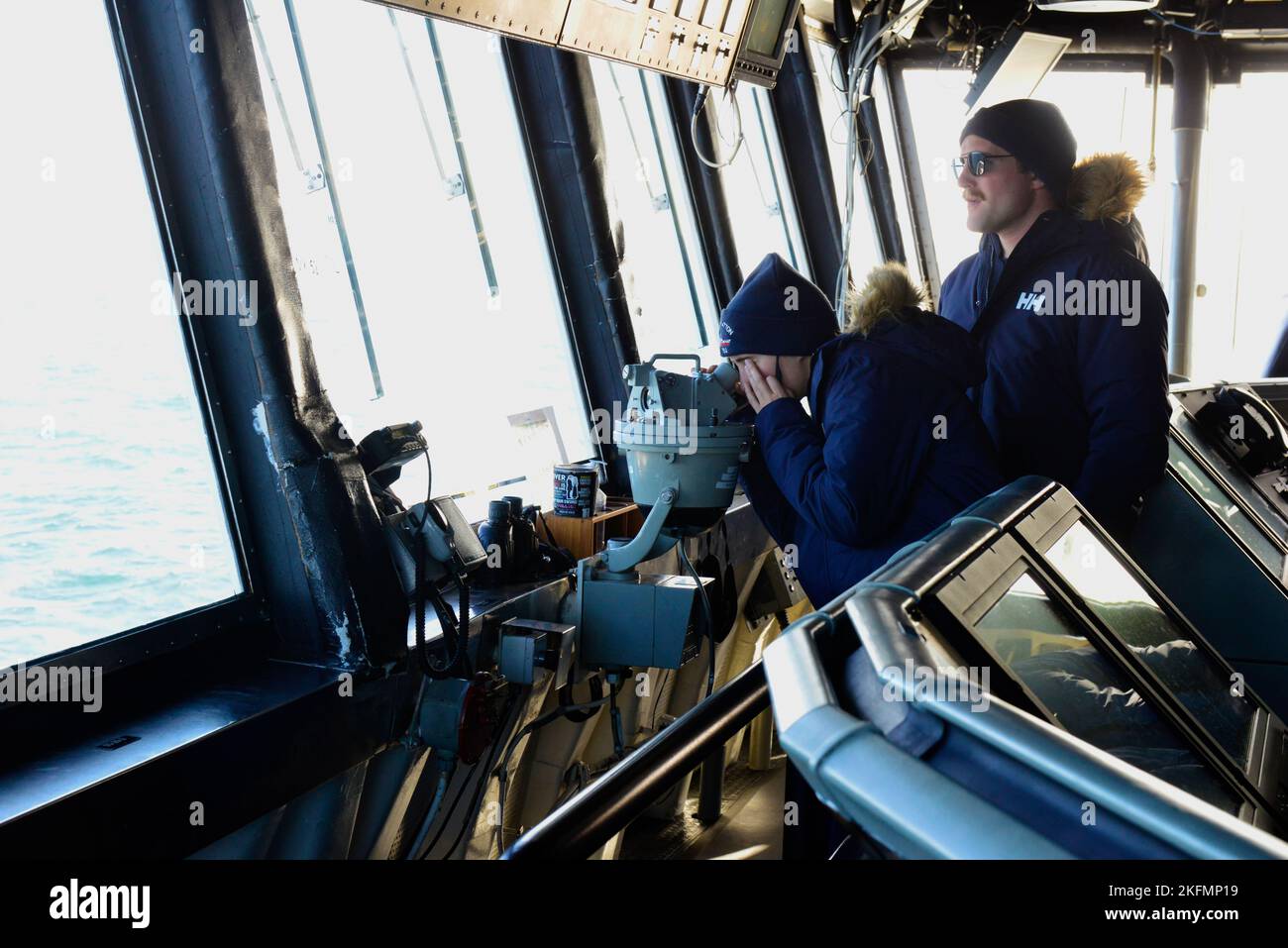 Crewmembers aboard USCGC Stratton (WMSL 752) set special navigation ...