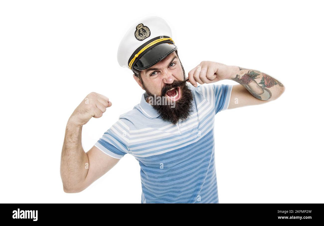 Lord of the seas. Captain cruise liner. Brutal seaman isolated on white ...