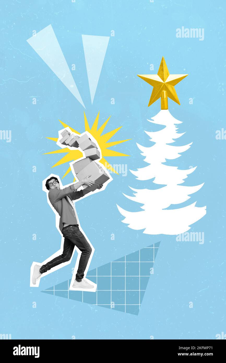 Vertical creative photo collage of careless funny positive guy hold ...