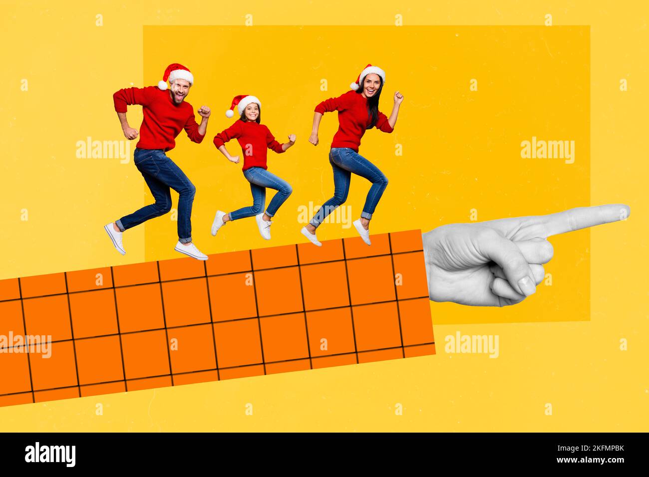 Creative photo collage of positive cheerful good mood family running on ...